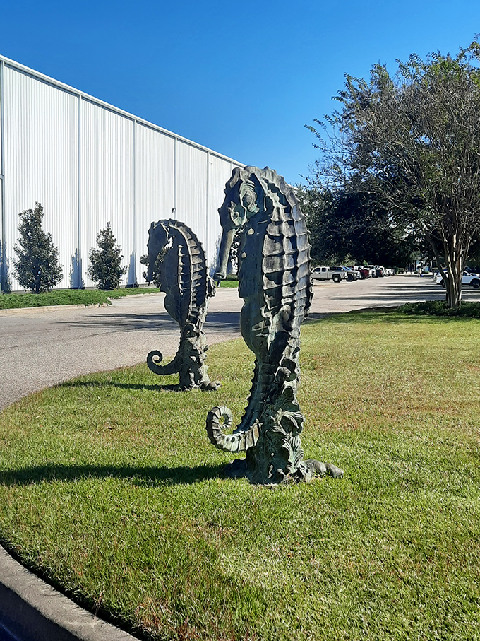 These majestic seahorse sculptures stand guard like sentinels of the sea. Prehistoric land creatures, meet your aquatic counterparts.