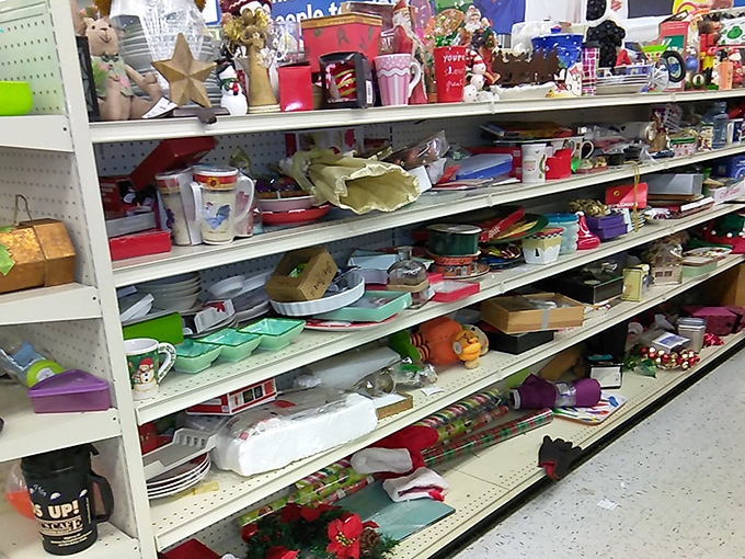 Holiday decorations mingle with everyday items in a year-round celebration of the random and wonderful world of secondhand treasures.