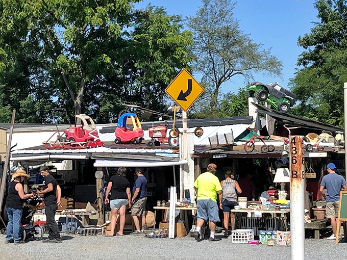 Bargain hunters on the prowl! This vendor's eclectic collection draws shoppers like moths to the flame of potential discoveries.