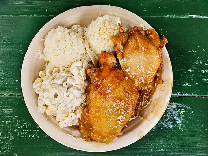 Shoyu chicken that glistens with sweet-savory promise &ndash; the kind of dish that haunts your dreams back on the mainland.