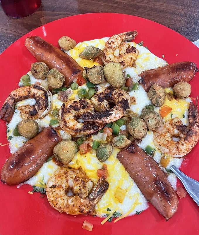 Shrimp and grits elevated to an art form with sausage and colorful peppers. A coastal Southern classic that tastes like sunshine and comfort.