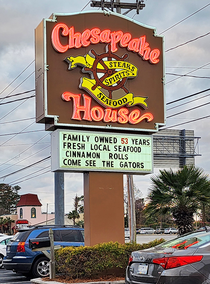When your roadside sign specifically mentions cinnamon rolls alongside seafood, you know you've found a place that understands priorities.