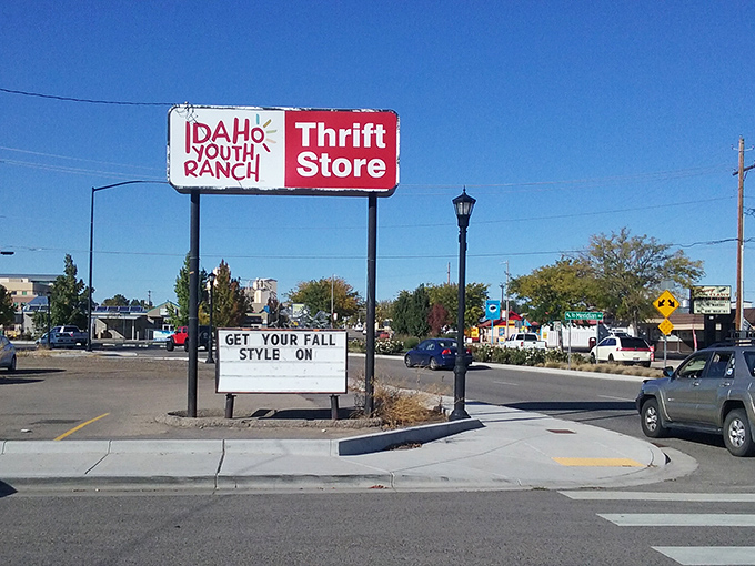 The roadside sign announces seasonal style possibilities to passing traffic. Fall fashion doesn't have to mean falling prices—at least not for you.