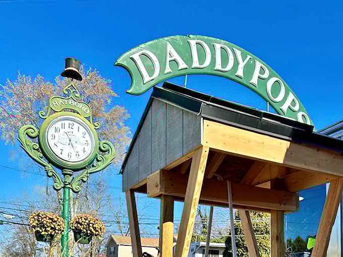 The town clock and signature signage stand proud outside, marking time and announcing Hatboro's breakfast headquarters to all.