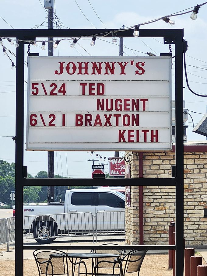 The marquee doesn't just announce upcoming acts&mdash;it's a community bulletin board that reminds you great food and live music belong together.