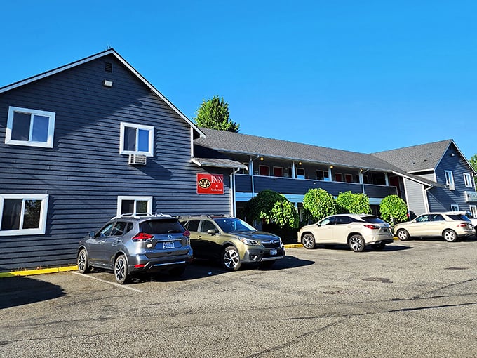 Snohomish Inn's navy-blue exterior offers weary travelers a cozy home base for small-town adventures without sacrificing modern comforts.