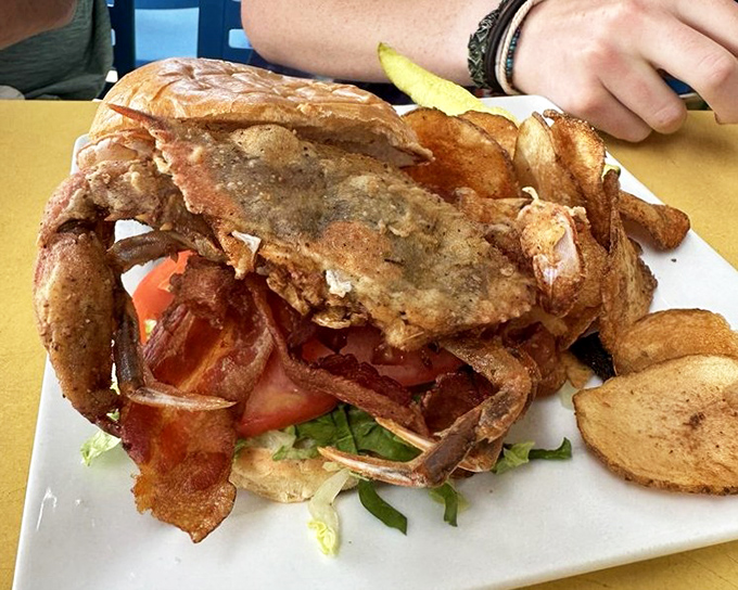 The soft shell crab sandwich: nature's perfect design meets Dewey Beach culinary craftsmanship in one handheld package.