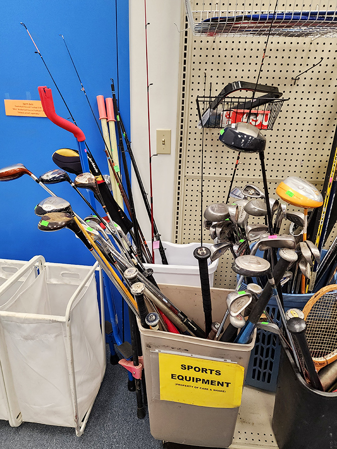 Fishing rods, golf clubs, and sporting equipment stand ready for your weekend adventures. Someone else's abandoned hobby becomes your new passion project.