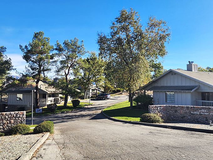 Quiet residential streets lined with mature trees offer a glimpse into everyday life in this mountain community.