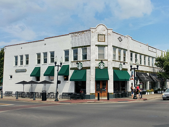 This corner Starbucks occupies a slice of Franklin history, where your morning latte comes with a side of architectural appreciation.