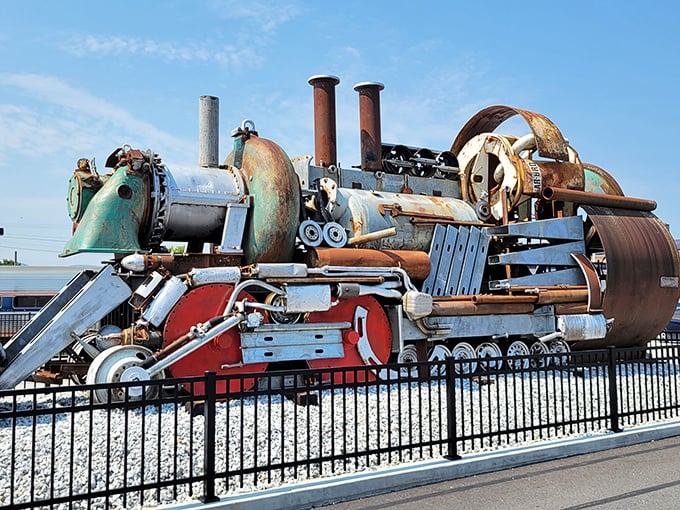 This steampunk locomotive sculpture stands as a rusted reminder of Rutland's industrial past &ndash; mechanical poetry written in steel and iron.