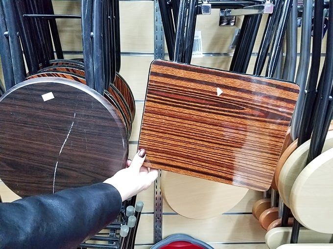 Sleek wooden tabletops waiting to become your next side table, plant stand, or emergency pizza surface during apartment gatherings.