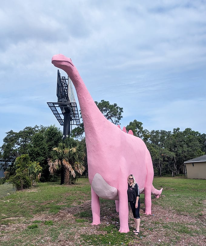 The contrast of formal attire against prehistoric pink makes for a delightfully incongruous photo opportunity that's pure Florida.