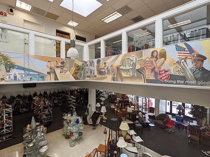 Colorful mural watches over a thrift-store treasure hunt, cheering on every quirky find and fabulous bargain.