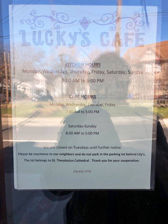 Even the hours sign has personality - politely reminding you to be neighborly about parking while tempting you with their generous opening times.