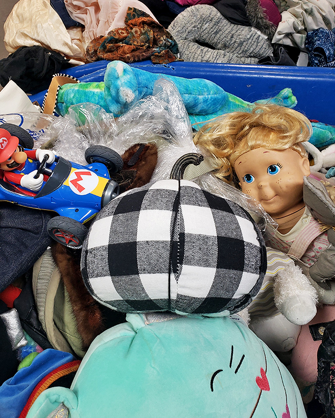 Stuffed toys and seasonal decor create a chaotic still life of childhood nostalgia and holiday memories waiting to be adopted.