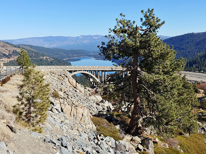 The Summit Bridge spans Donner Pass, connecting California's past and present while offering breathtaking views of the rugged landscape below.