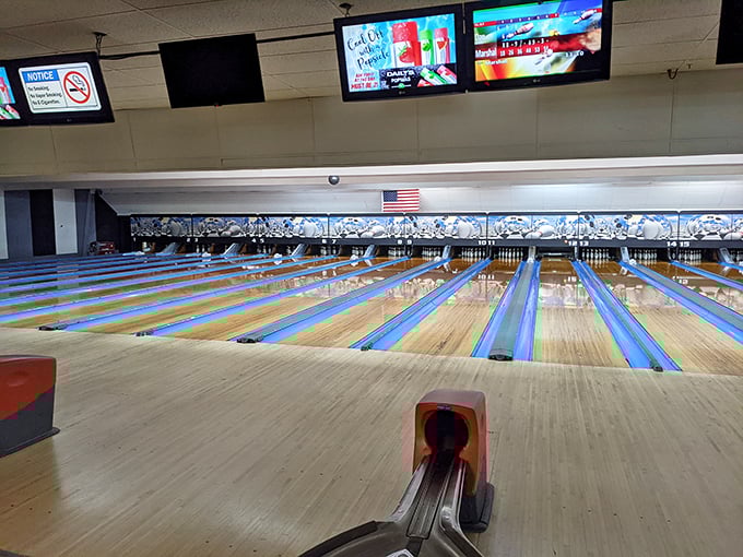 Sunrise Bowling Center's perfectly polished lanes await your less-than-perfect bowling form, promising laughter regardless of your score.