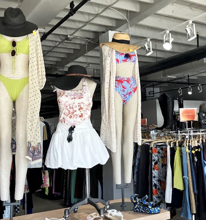 Beach-ready mannequins showing off swimwear that'll have you poolside without draining your vacation fund.