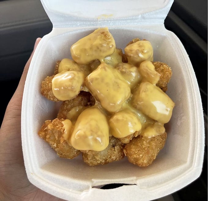 Tater tots smothered in cheese sauce&mdash;because sometimes adulting means eating whatever your inner eight-year-old demands.