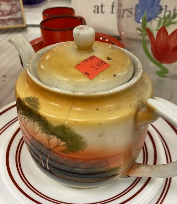 A teapot that's seen more gossip sessions than a beauty parlor on Saturday morning.