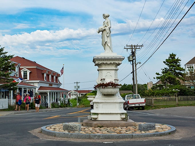 The Temperance Fountain stands as both art and irony in a town that knows how to enjoy a good cocktail. A charming landmark at the center of island life.
