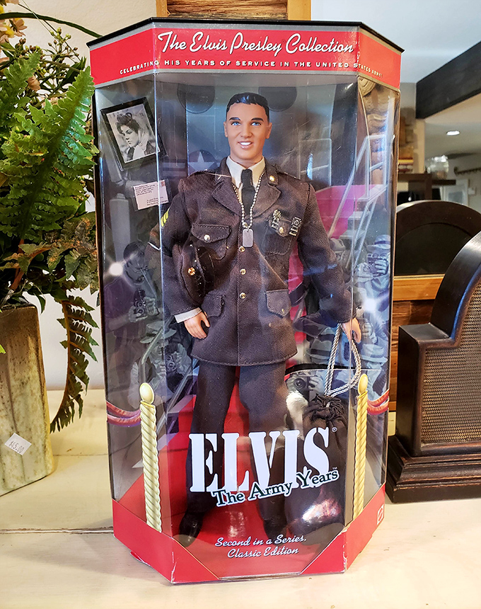 The King lives on! This Elvis Army Years collectible proves that even thrift stores have their brush with fame.