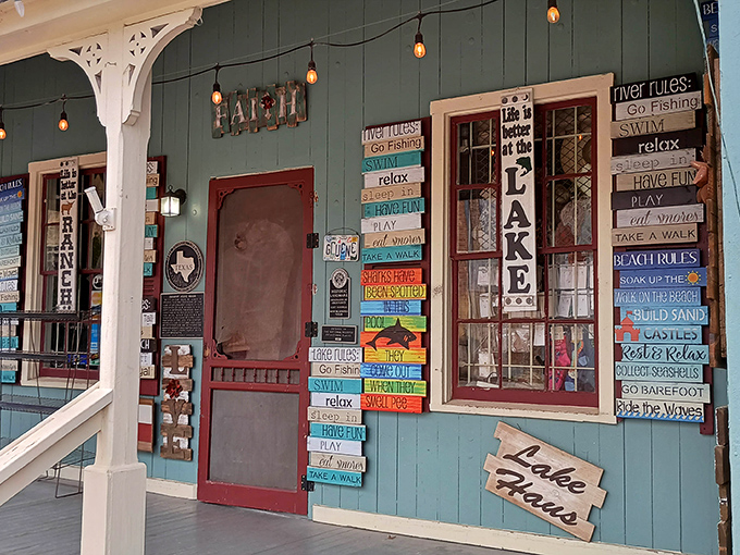 The Gruene Haus's colorful signs create a cheerful cacophony of river rules and lake wisdom&mdash;advice worth following on your Hill Country adventure.
