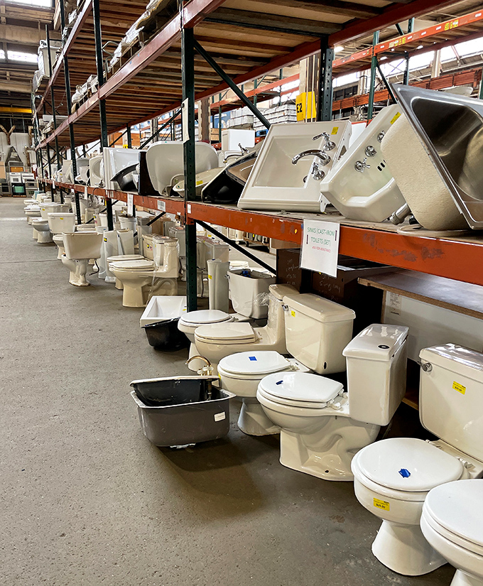 Toilets and sinks arranged in orderly rows, proving that even bathroom fixtures deserve their moment in the spotlight here.