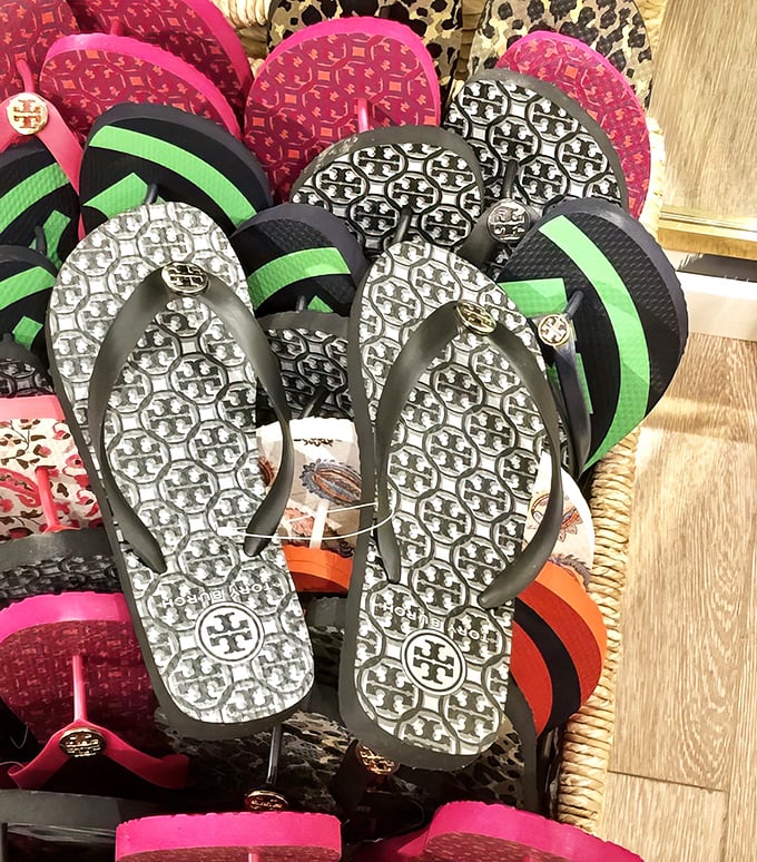 Tory Burch flip-flops: where your feet and your fashion sense can be comfortable simultaneously. Logo-embossed vacation essentials at outlet prices.