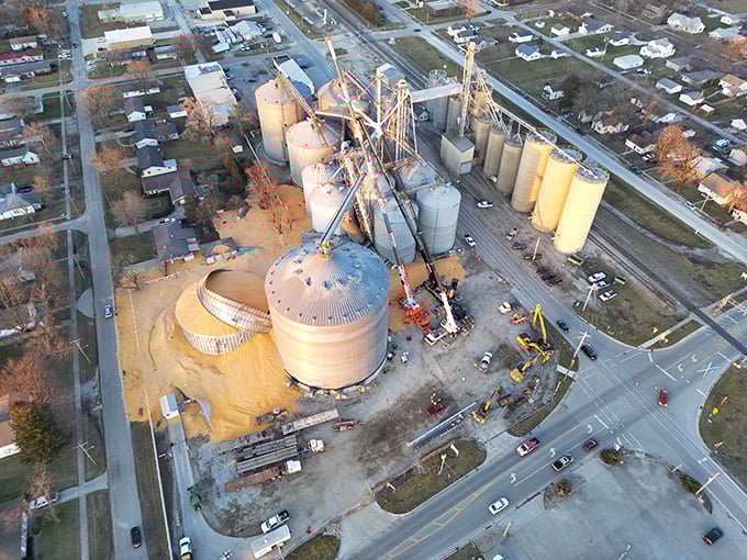 Total Grain Marketing's impressive silos stand as prairie skyscrapers, monuments to the agricultural backbone of Arcola's economy.