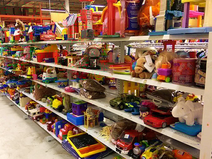Childhood joy stacked five shelves high. These gently-loved toys cost less than a movie ticket but provide infinitely more hours of entertainment.