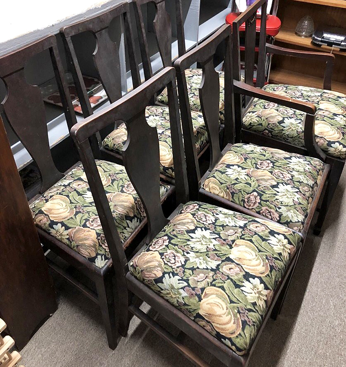 Dining chairs with floral upholstery that somehow feels both grandmotherly and on-trend. Solid wood construction that puts today's assembly-required furniture to shame.