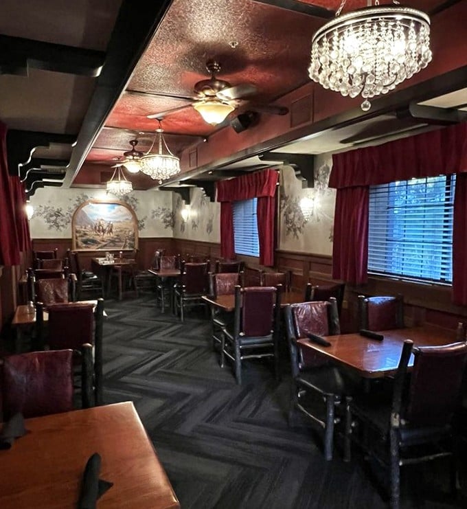 The private dining room upstairs feels like you've wandered into a wealthy rancher's personal dining room, complete with crystal chandeliers and burgundy elegance.