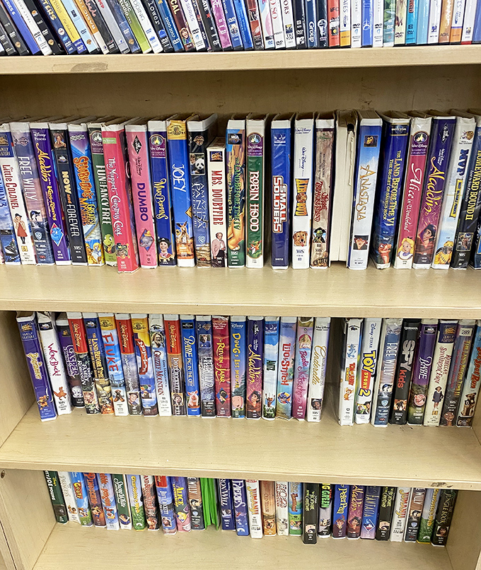 Disney VHS tapes&mdash;the vinyl records of family entertainment. Parents recognize these spines instantly, remembering the sacred "be kind, rewind" mantra.