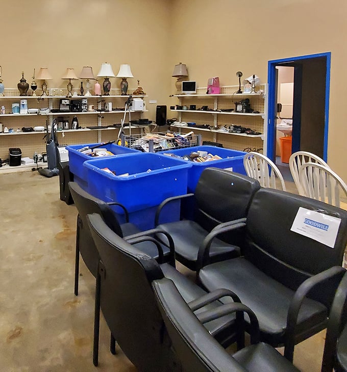 The furniture and electronics corner &ndash; where vintage lamps, office chairs, and small appliances await their second act in someone's home office or dorm room.