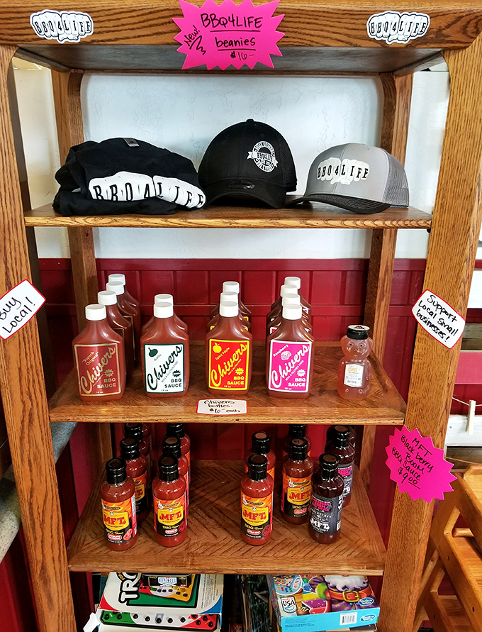 House-made sauces and BBQ4LIFE merchandise line the shelves for those who want to take the experience home.
