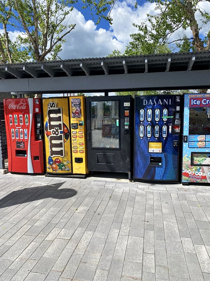 Vending machines offering emergency fuel for marathon shoppers who forgot that eating is important too.