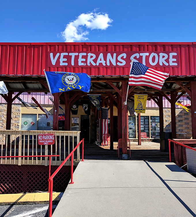 The Veterans Store stands proud with flags waving, offering patriotic merchandise with the same dedication as those it honors.