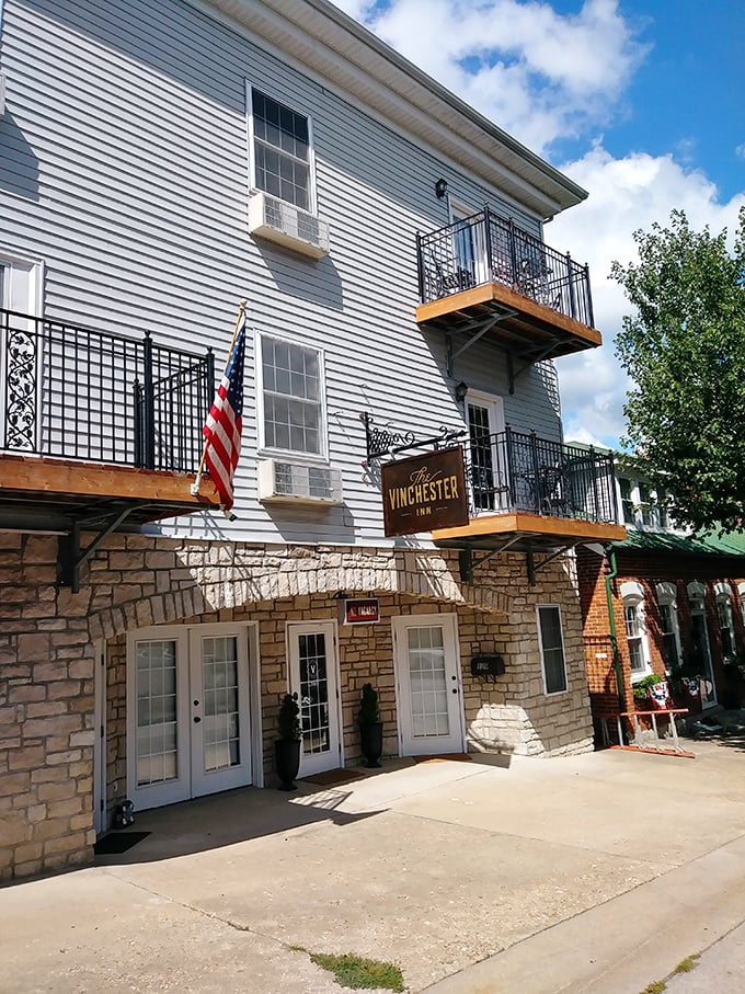 The Vinchester Inn offers visitors a taste of Hermann hospitality, its stone foundation and wrought-iron balconies blending historic charm with comfort.