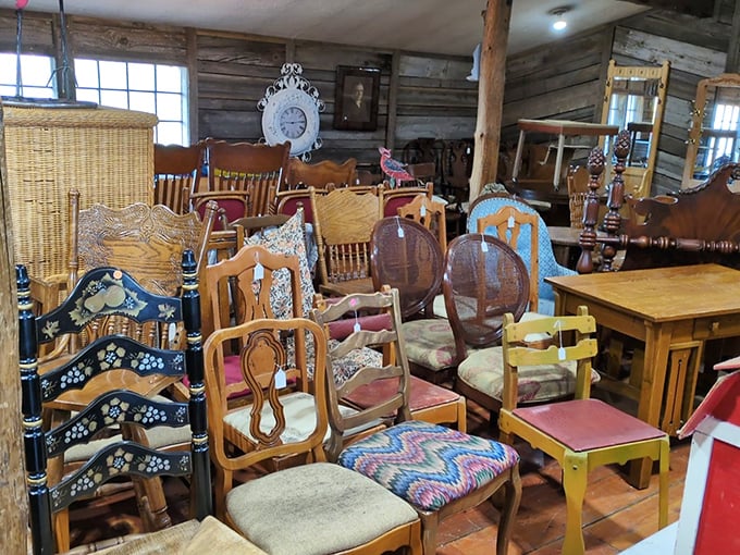The chair graveyard, where seating from every decade gathers to be reincarnated into someone's dining room. That yellow stool has "kitchen island" written all over it.