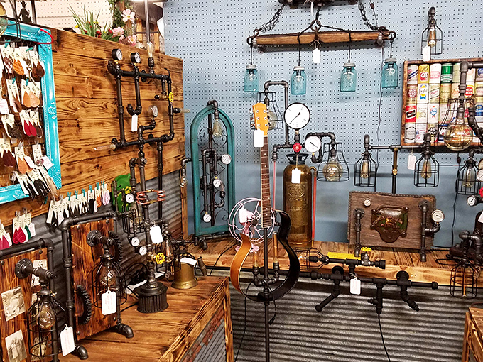 Industrial meets artisanal in this corner of repurposed pipe fixtures and vintage gauges. Steampunk before steampunk was cool. 