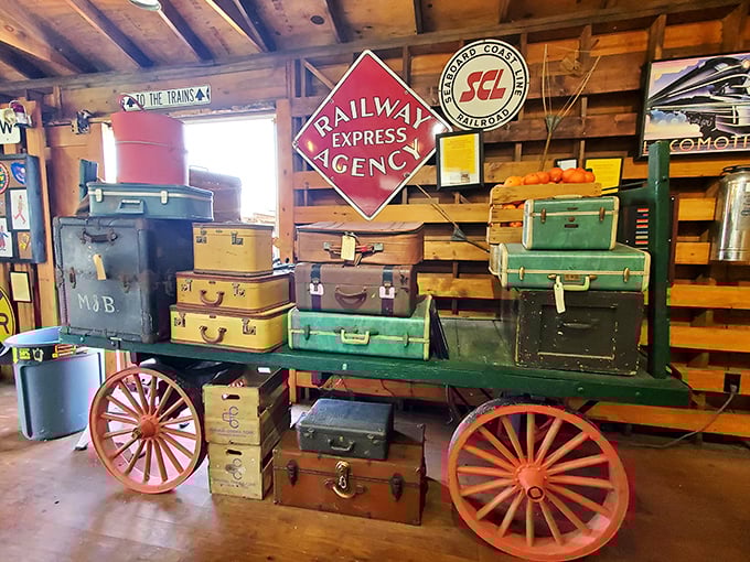 This luggage cart loaded with vintage suitcases tells silent stories of travelers long ago, when journey preparations meant more than just charging your phone.