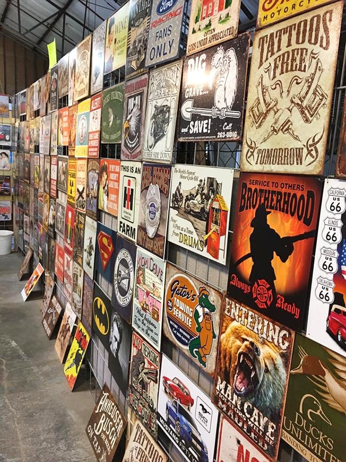 A wall of vintage signs that perfectly captures America's love affair with clever advertising, nostalgic imagery, and unapologetic humor.