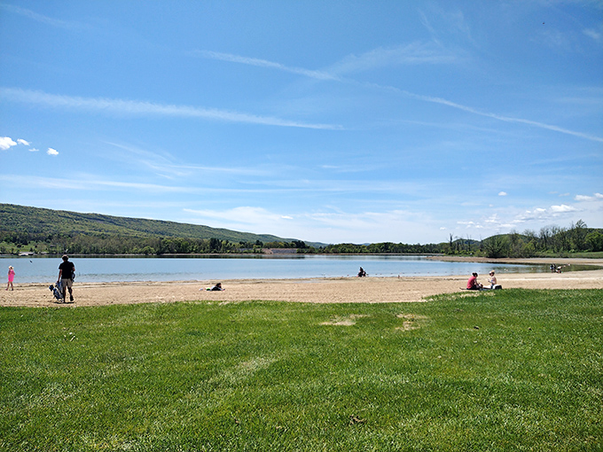 Summer simplicity at its finest&mdash;where soft sand meets cool water under the watchful gaze of Pennsylvania's rolling hills.