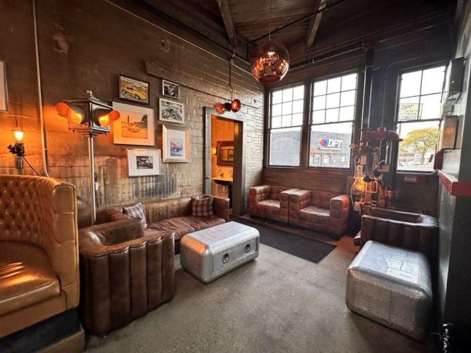 The waiting area features leather seating that's infinitely more comfortable than standing outside in Michigan weather.