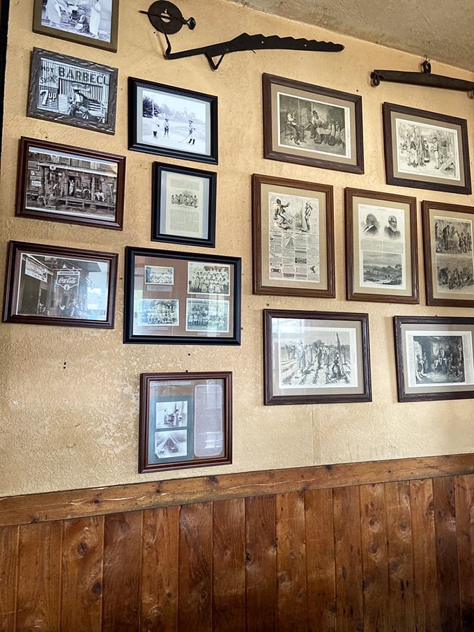 The wall of fame chronicles barbecue history while you make your own personal food memories. Notice the vintage barbecue tools.