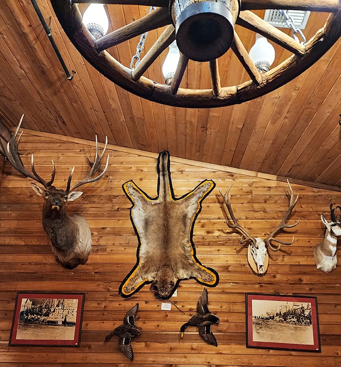 Trophy mounts and vintage photos transform dining into an adventure through Oregon's wild hunting heritage.