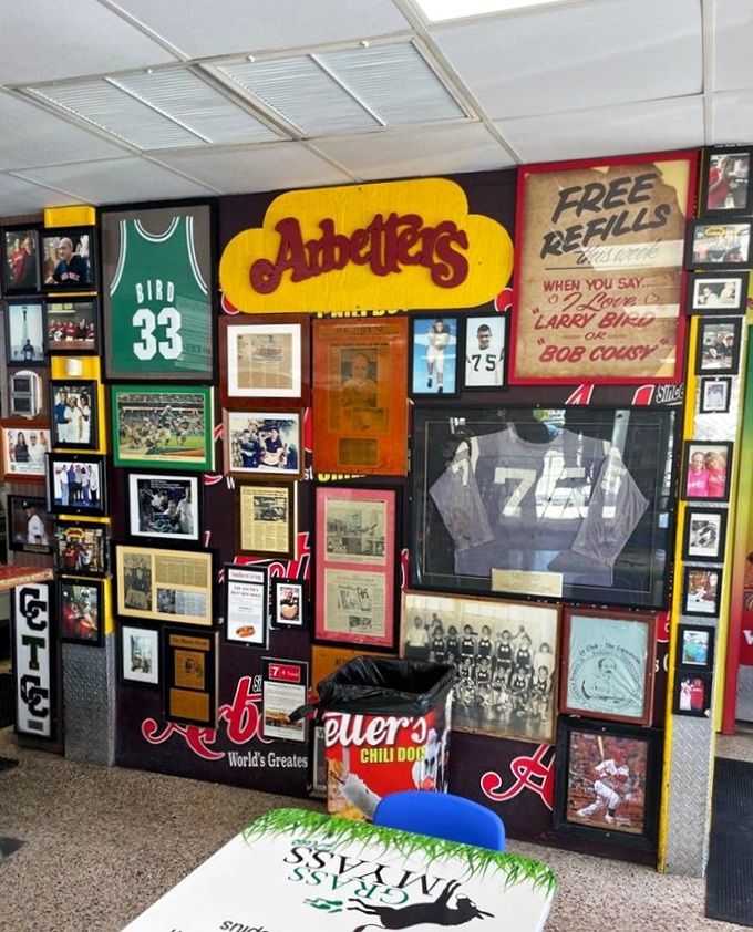 The Wall of Fame showcases decades of loyal customers, celebrity visits, and sports memorabilia&mdash;a community built on chili dog devotion.