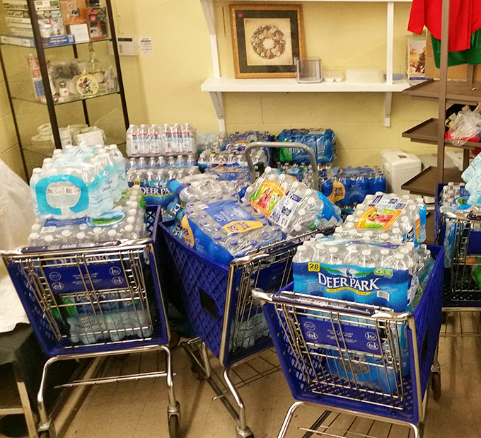 Hydration station or emergency preparedness? These carts loaded with bottled water show that thrift stores serve community needs beyond just bargain hunting.